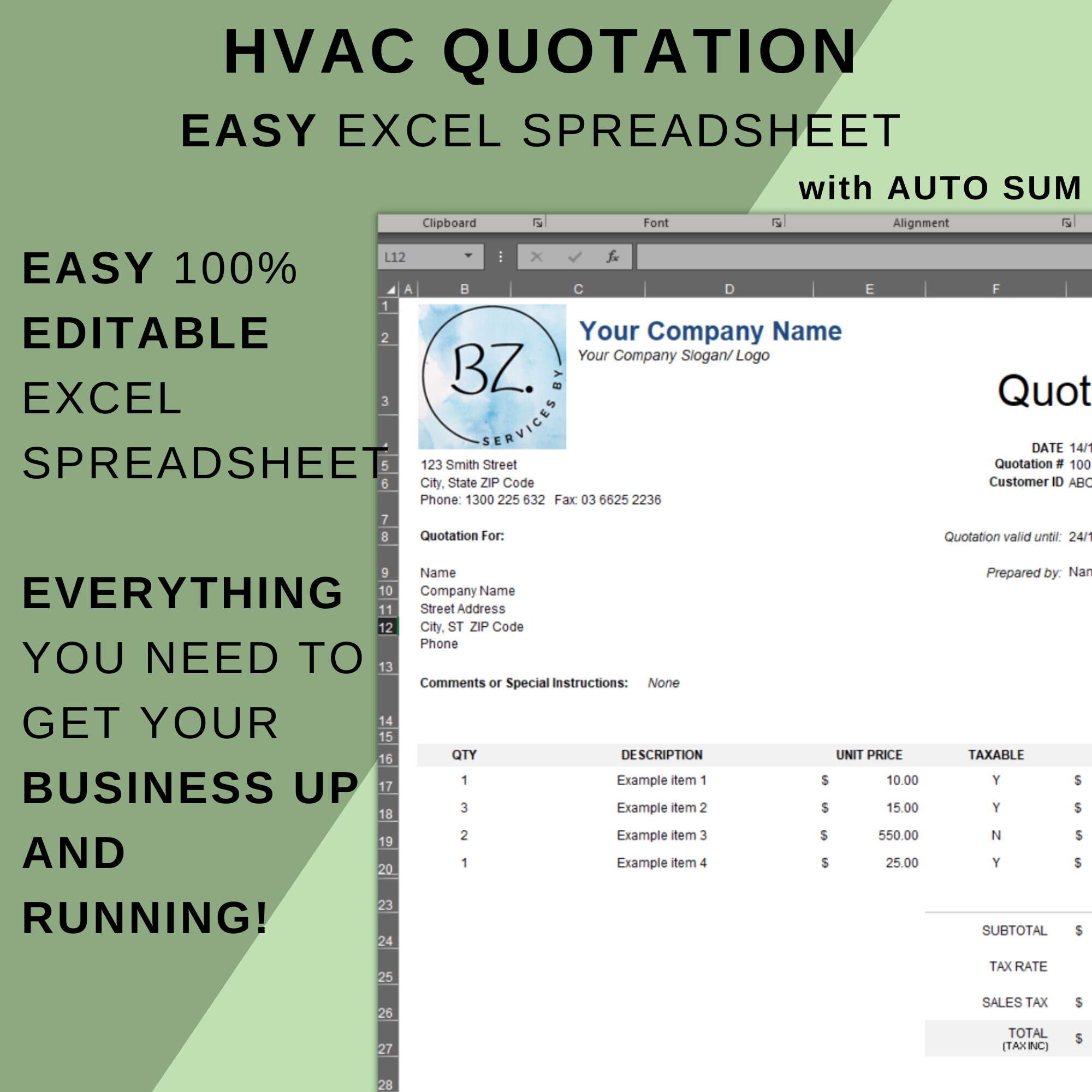 Quote Template HVAC Air Conditioning Excel Invocie Inspection ...