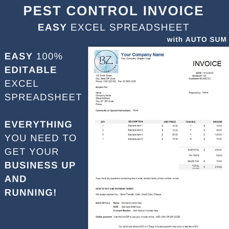 Pest Control Service Agreement, BUNDLE Receipt Template Invoice ...