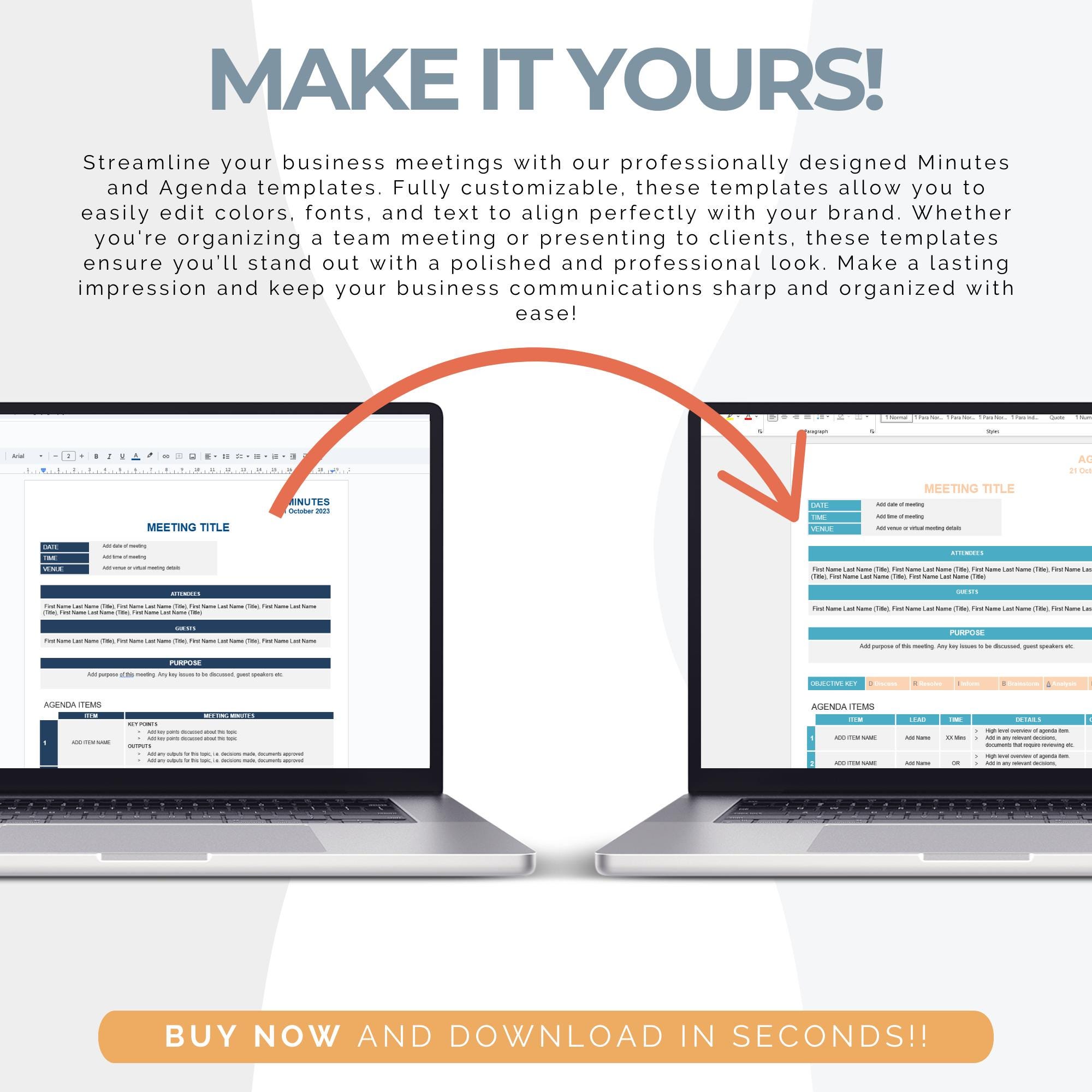 Meeting Agenda and Minutes Template Professional Package | Instant ...