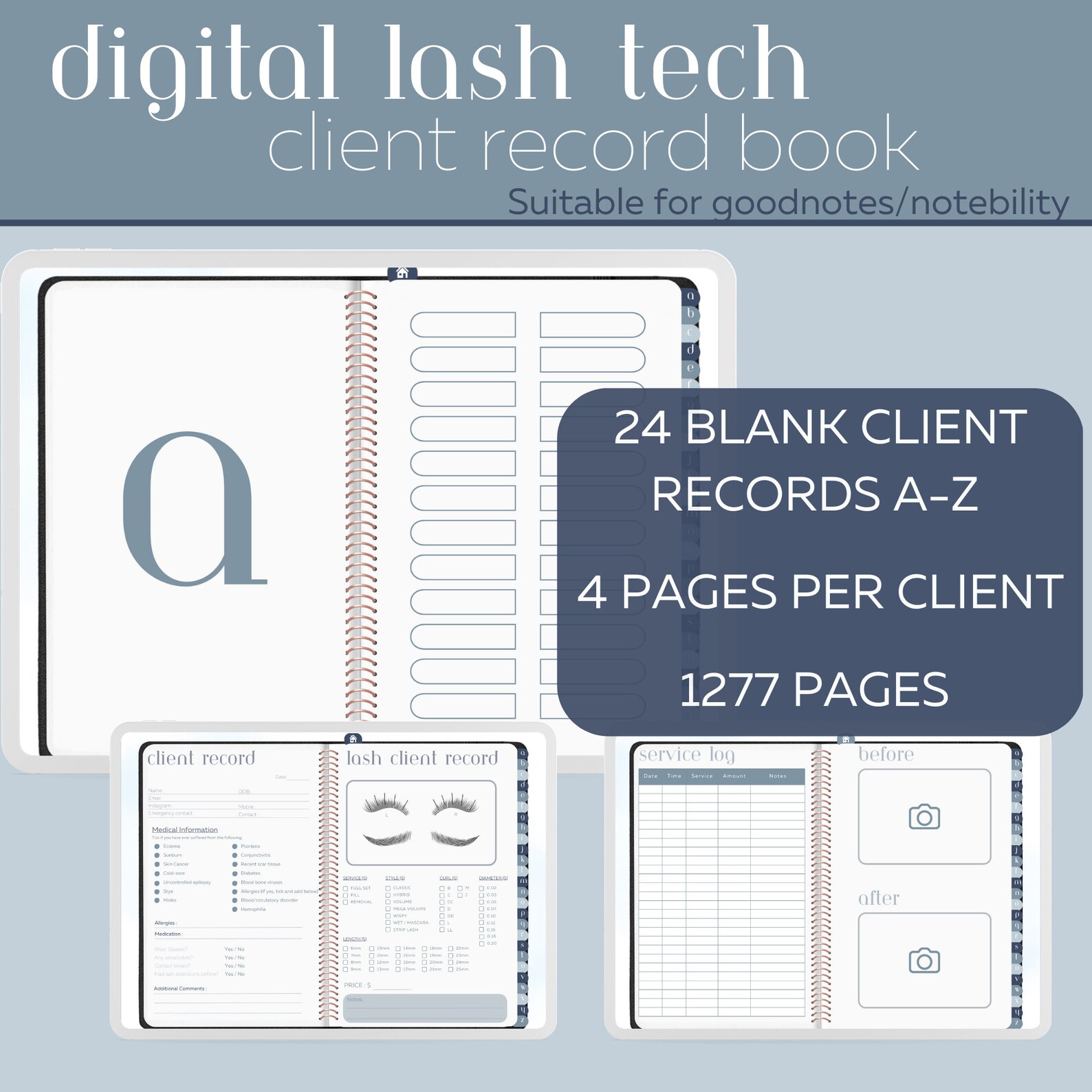 Eyelash Tech Client Record Book Easy Digital Download Sleek Blue Tones ...