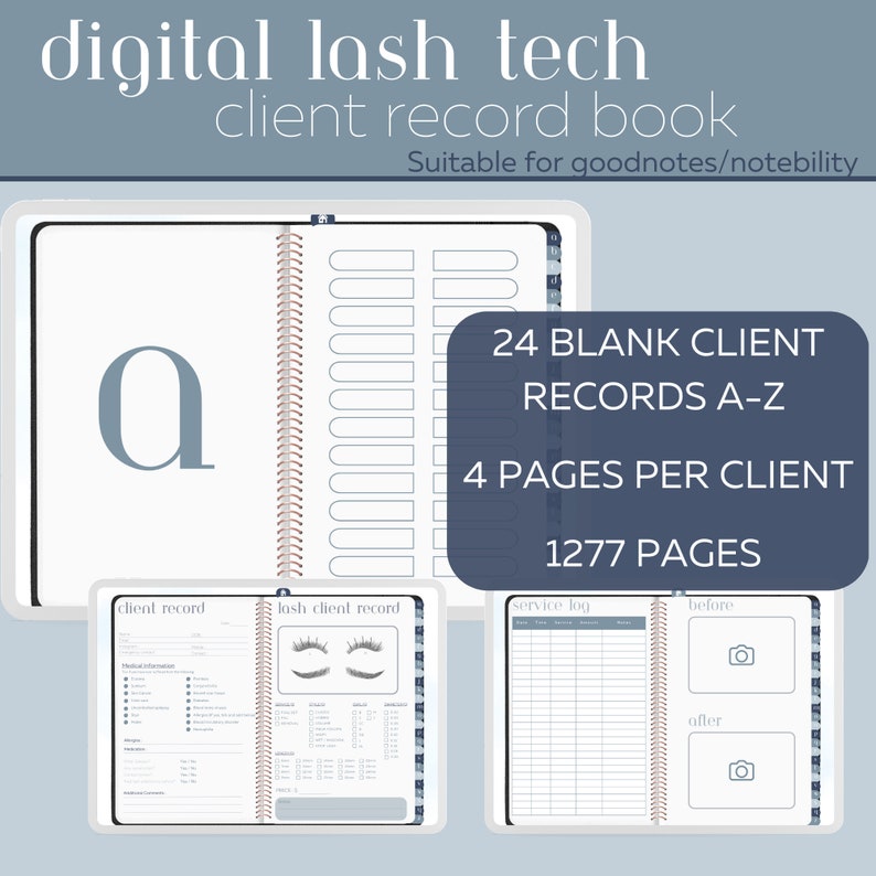 Eyelash Tech Client Record Book Easy Digital Download - Sleek Blue Tones - Client Record Eyelash ...