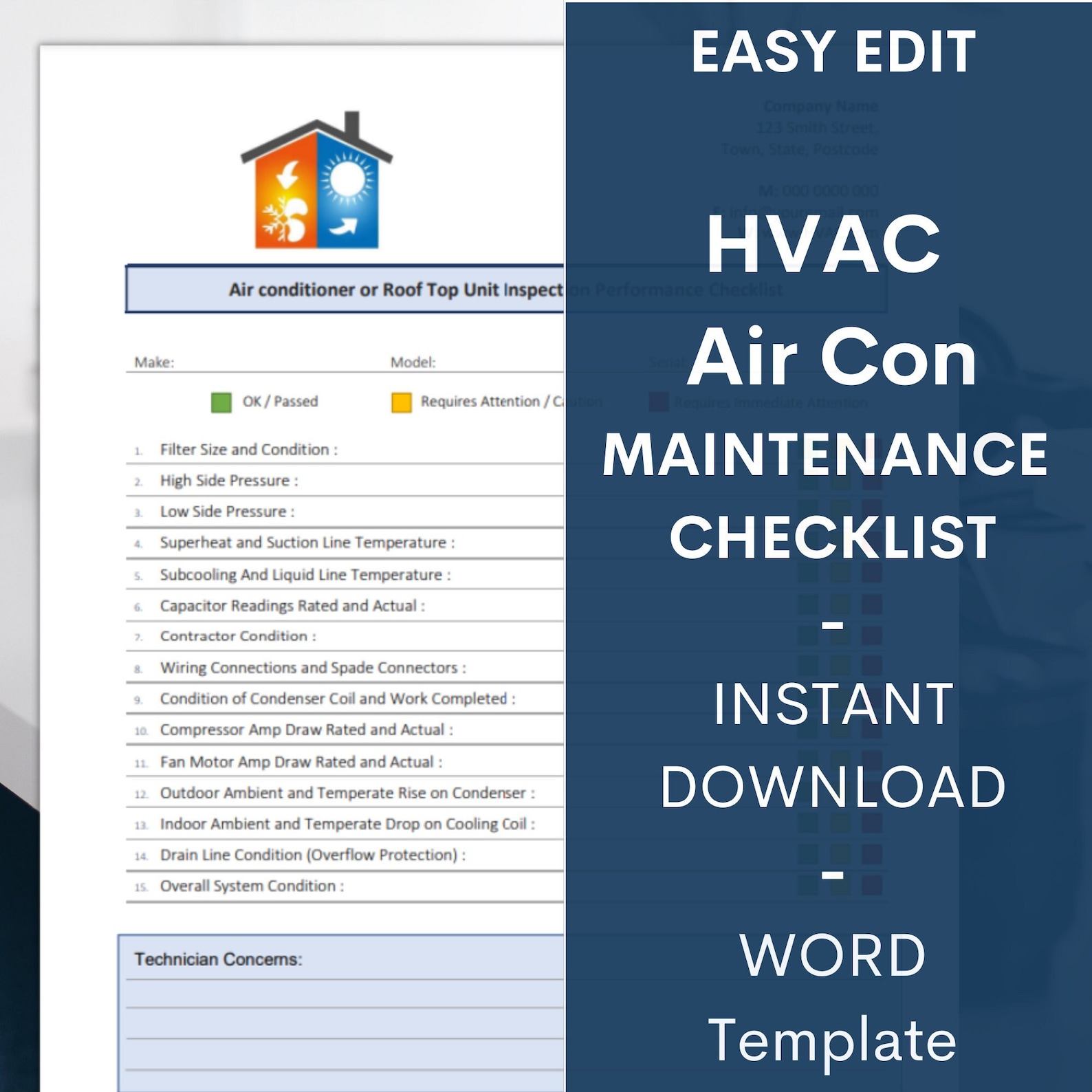 Air Conditioning HVAC Inspection Checklist, PDF MS Word Template File ...