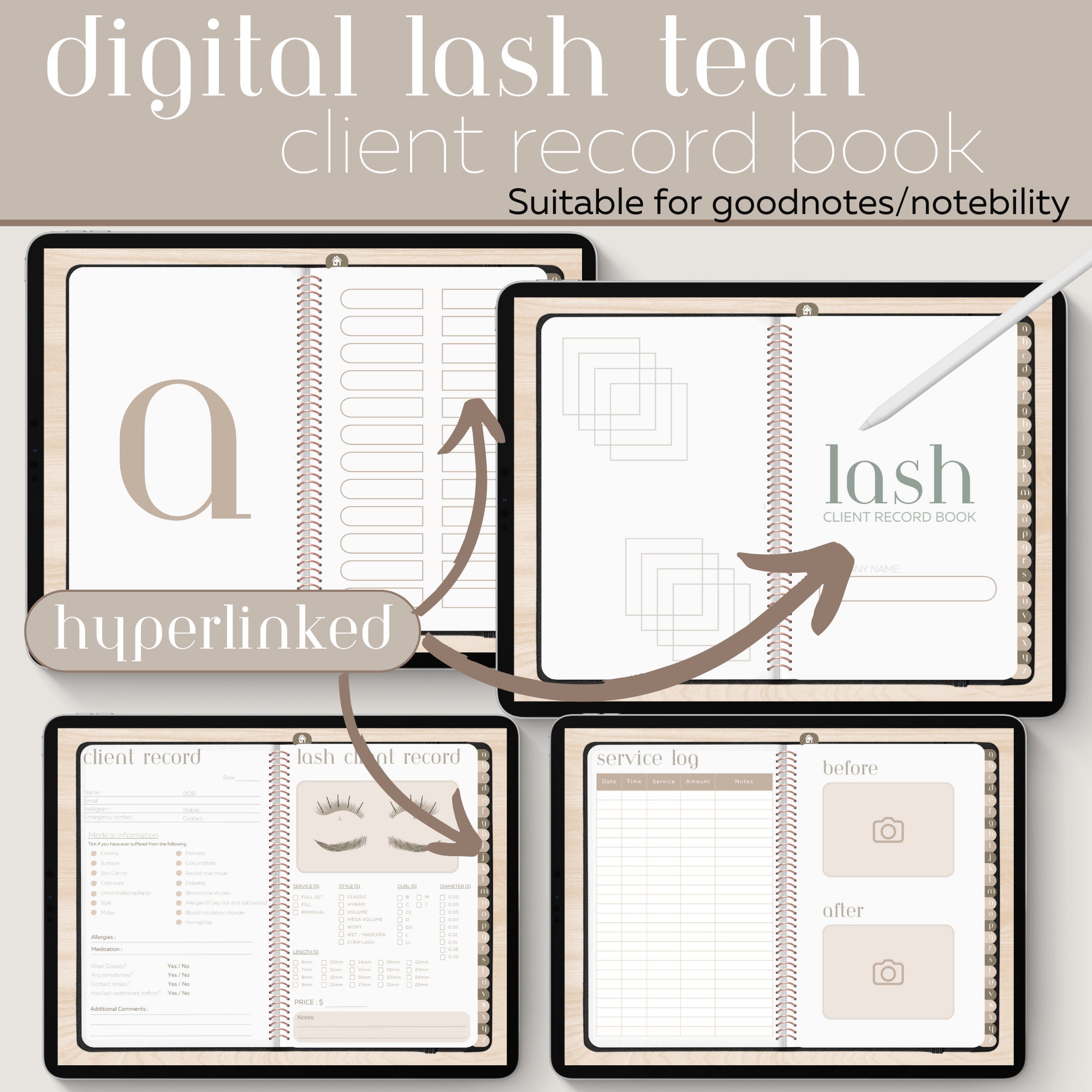 DIGITAL LASH Tech Client Record Book Neutral Tone Client Record Eyelash Extensions, Lash Tech ...