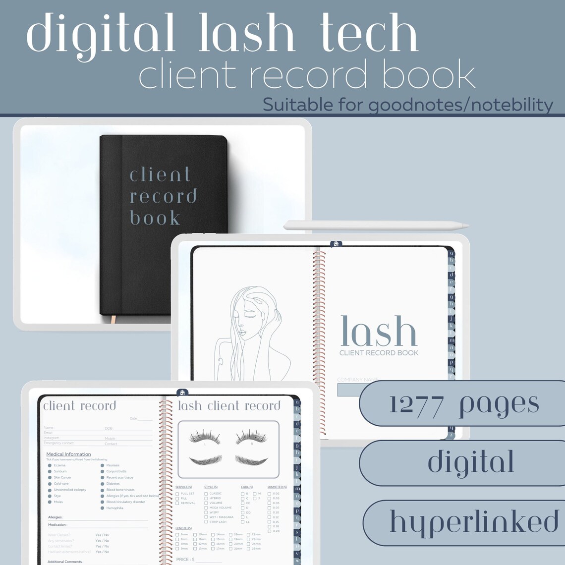 Eyelash Tech Client Record Book Easy Digital Download - Sleek Blue ...