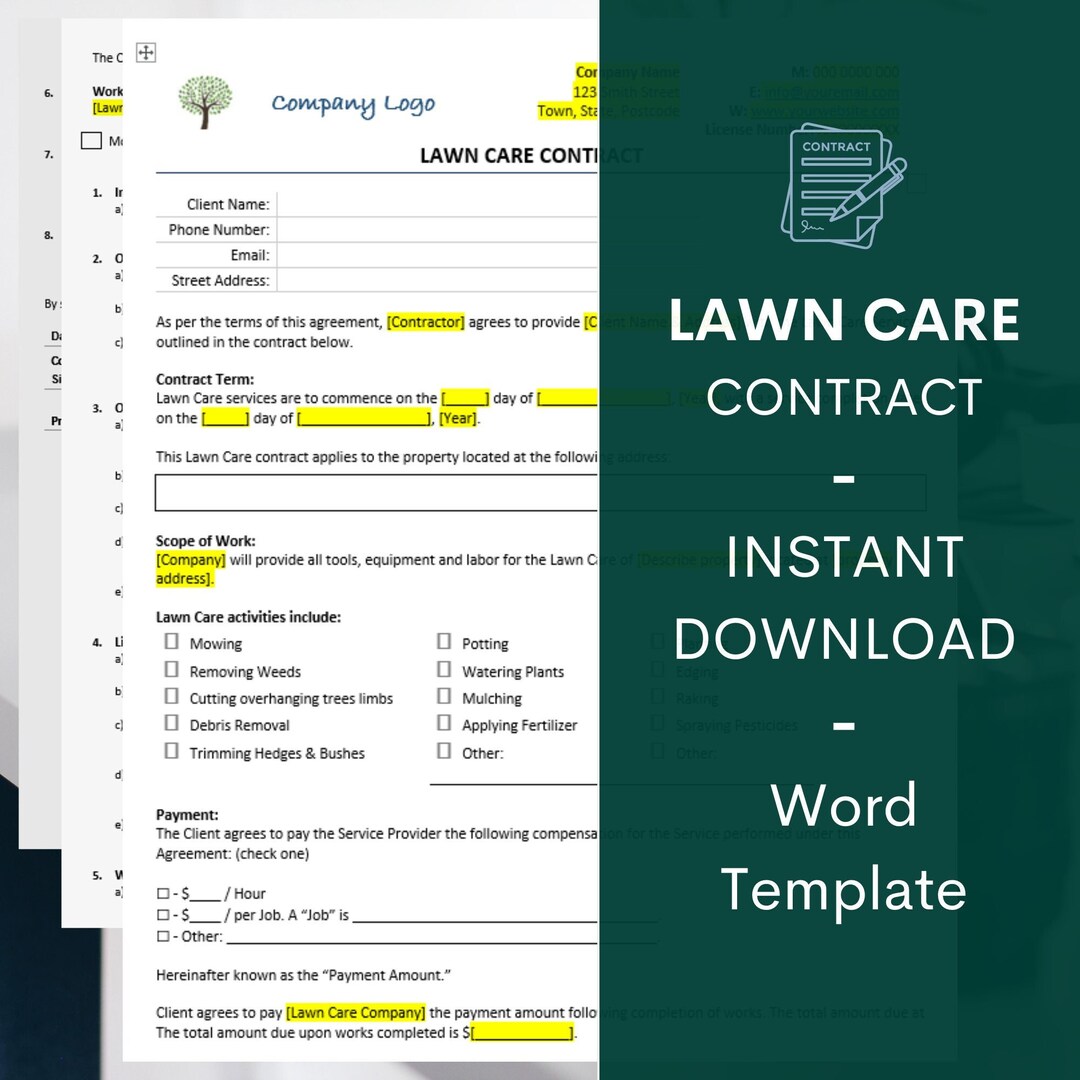 Lawn Care Contract Template, Editable Service Agreement (instant ...