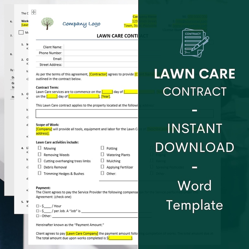 Lawn Care Agreement, Service Contract, Landscaping Contract, Garden Care Agreement, Agreement ...