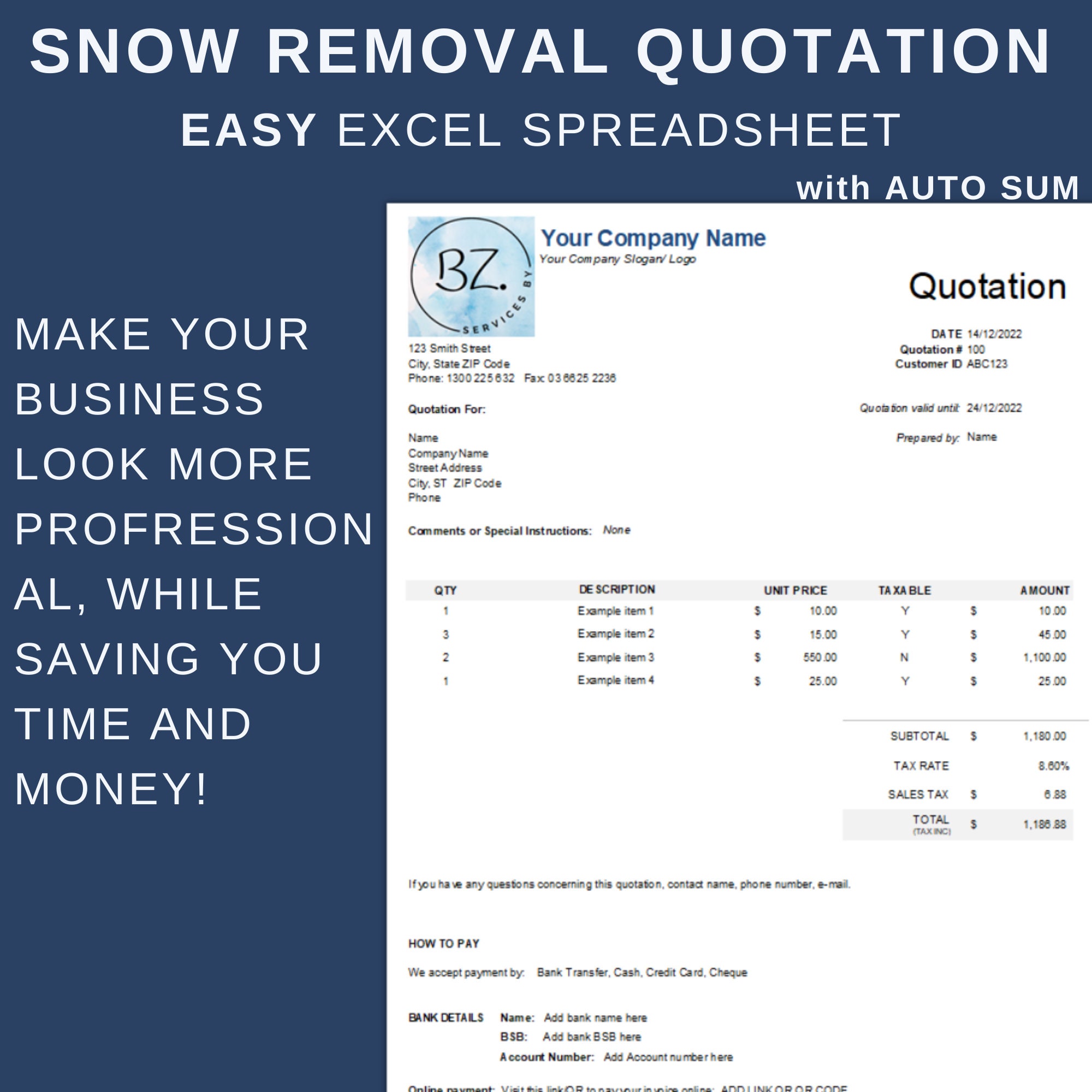 Snow Removal BUNDLE Agreement, Snow Plowing Quotation Invoice Receipt ...