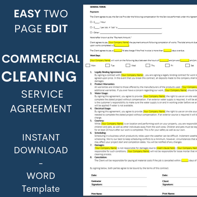 Commercial Cleaning Agreement Template - Editable in Word & PDF ...