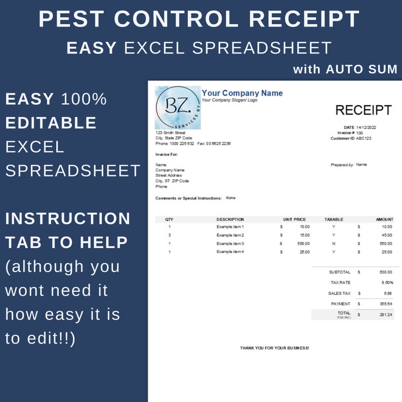 Pest Control Service Agreement, BUNDLE Receipt Template Invoice ...