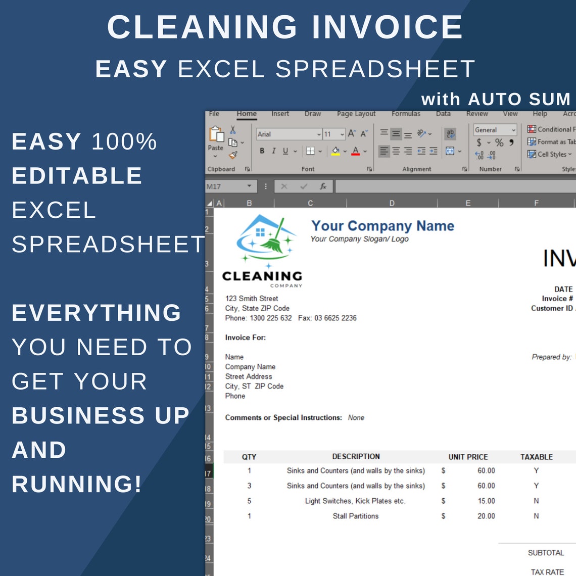Invoice Template Commercial Cleaner, Auto Calculation, Editable Excel ...
