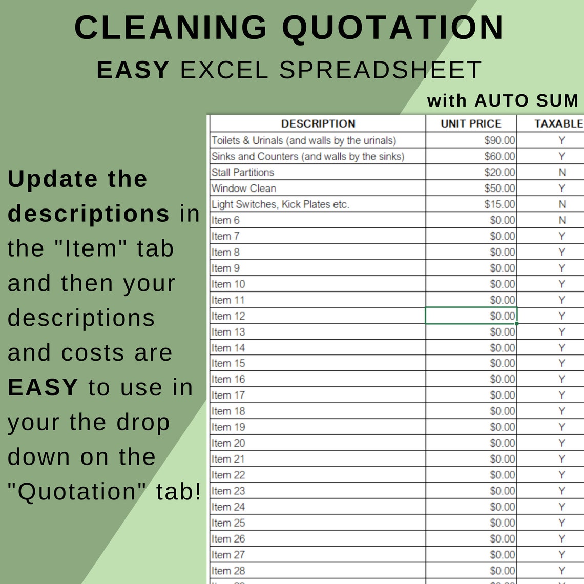 Cleaning Service Quotation Template With Auto Calculation - Editable ...