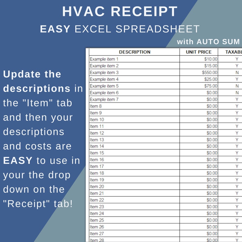 Receipt Template, Receipting Excel Template, HVAC Air Conditioning HVAC ...