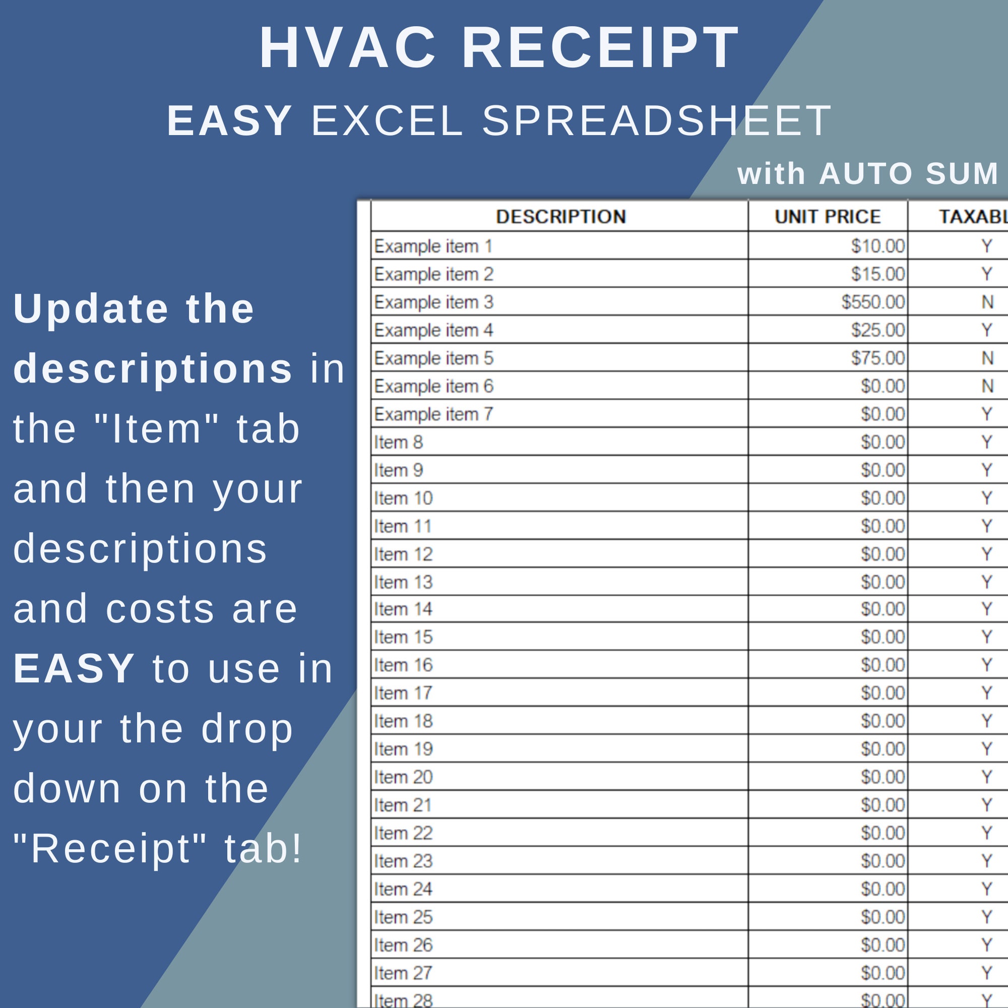 Receipt Template, Receipting Excel Template, HVAC Air Conditioning HVAC ...