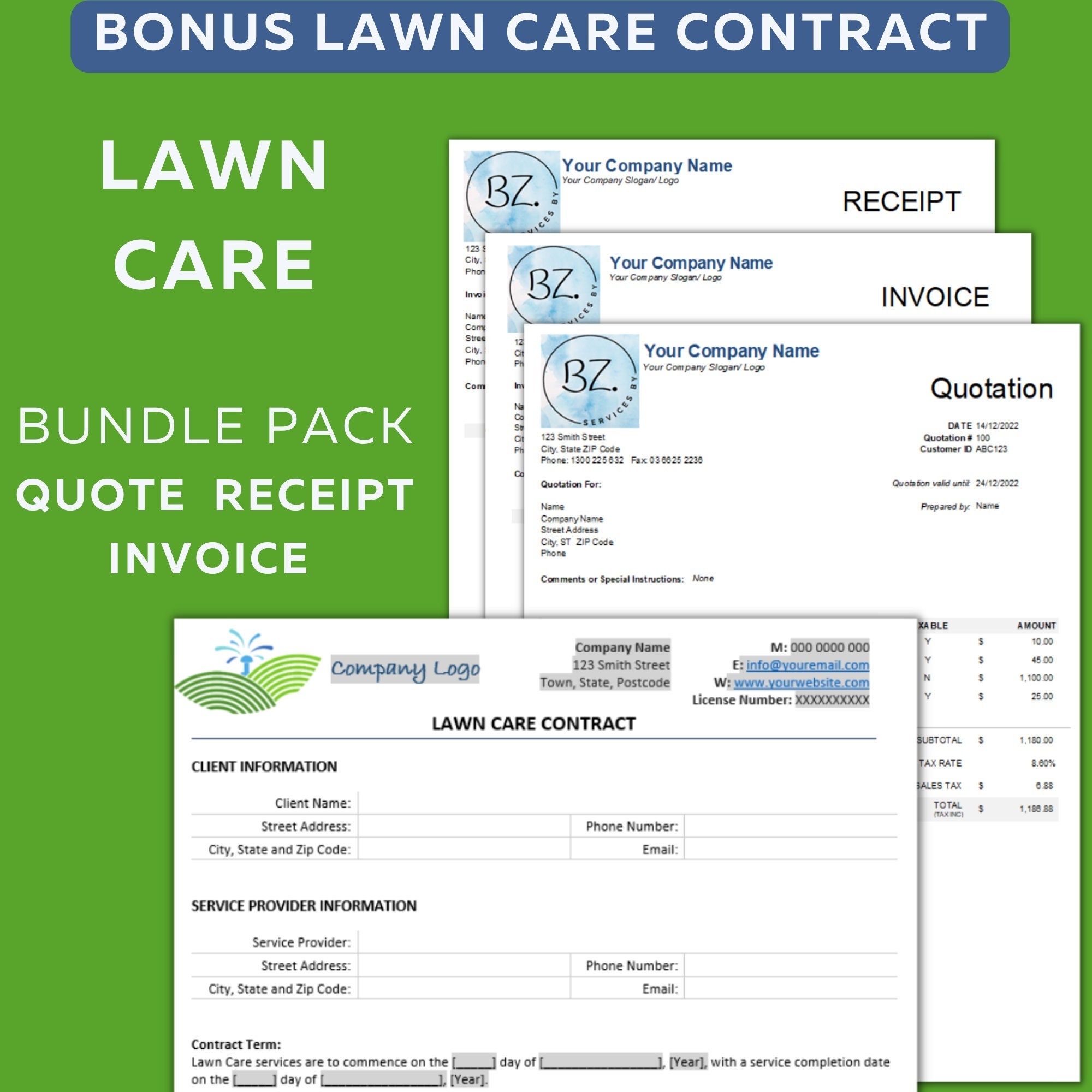 Lawn Care Service Bundle Quote, Invoice, Receipt, and Service Contract ...