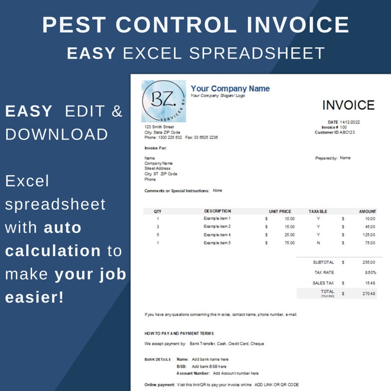 PEST CONTROL INVOICE Template | Service Treatment Notice | Pest Control ...