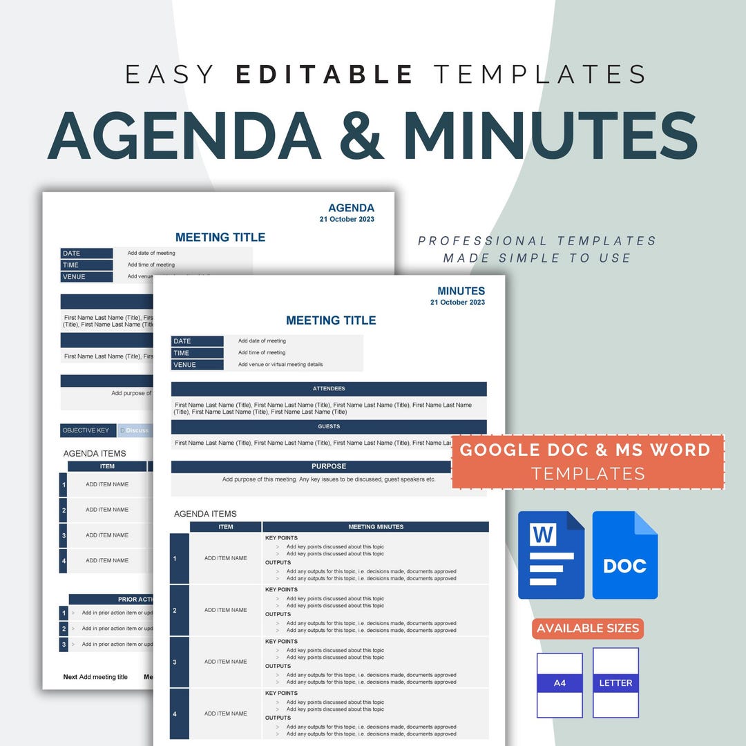 Editable Meeting Templates for Agenda & Minutes | Instant Digital Files ...