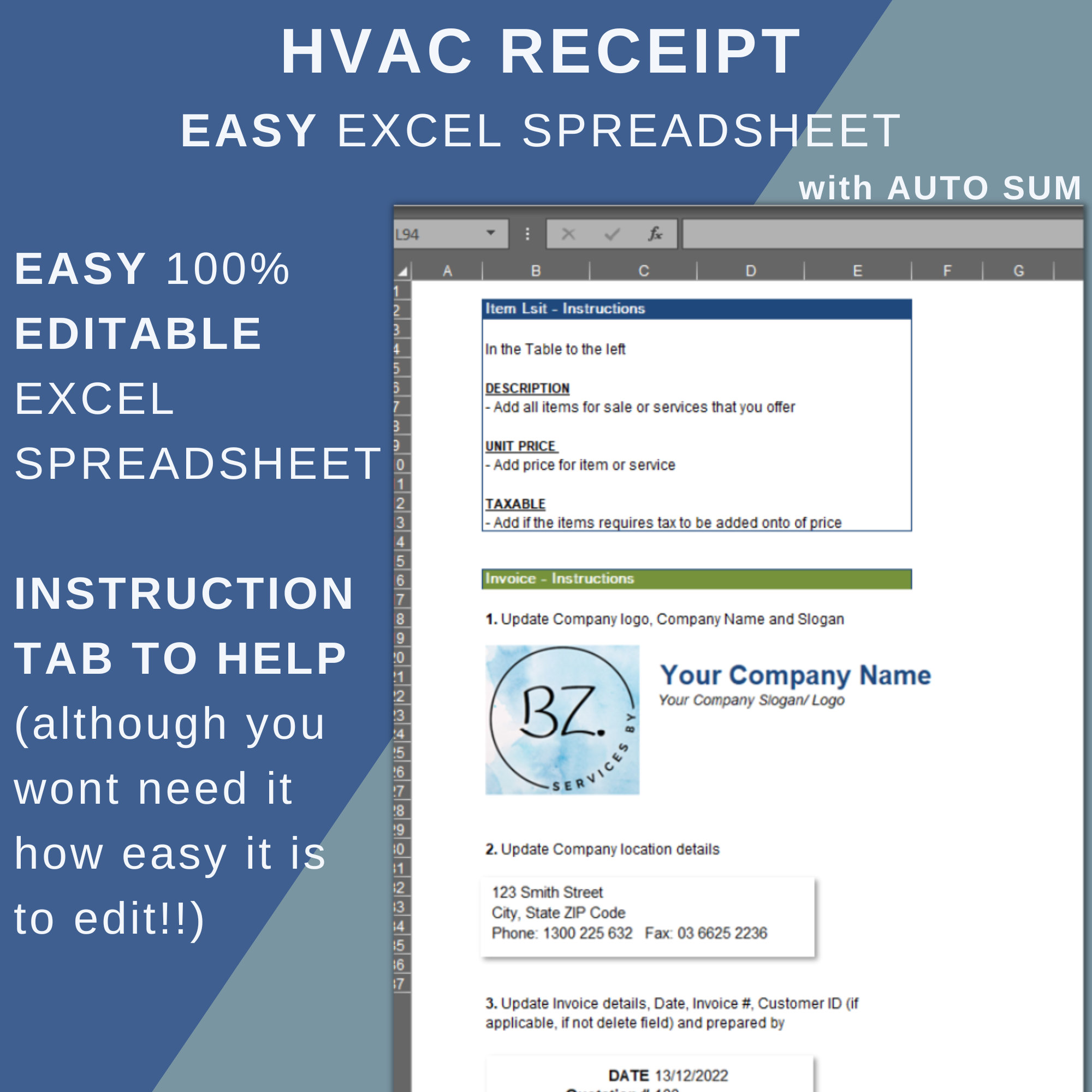 Receipt Template, Receipting Excel Template, HVAC Air Conditioning HVAC ...