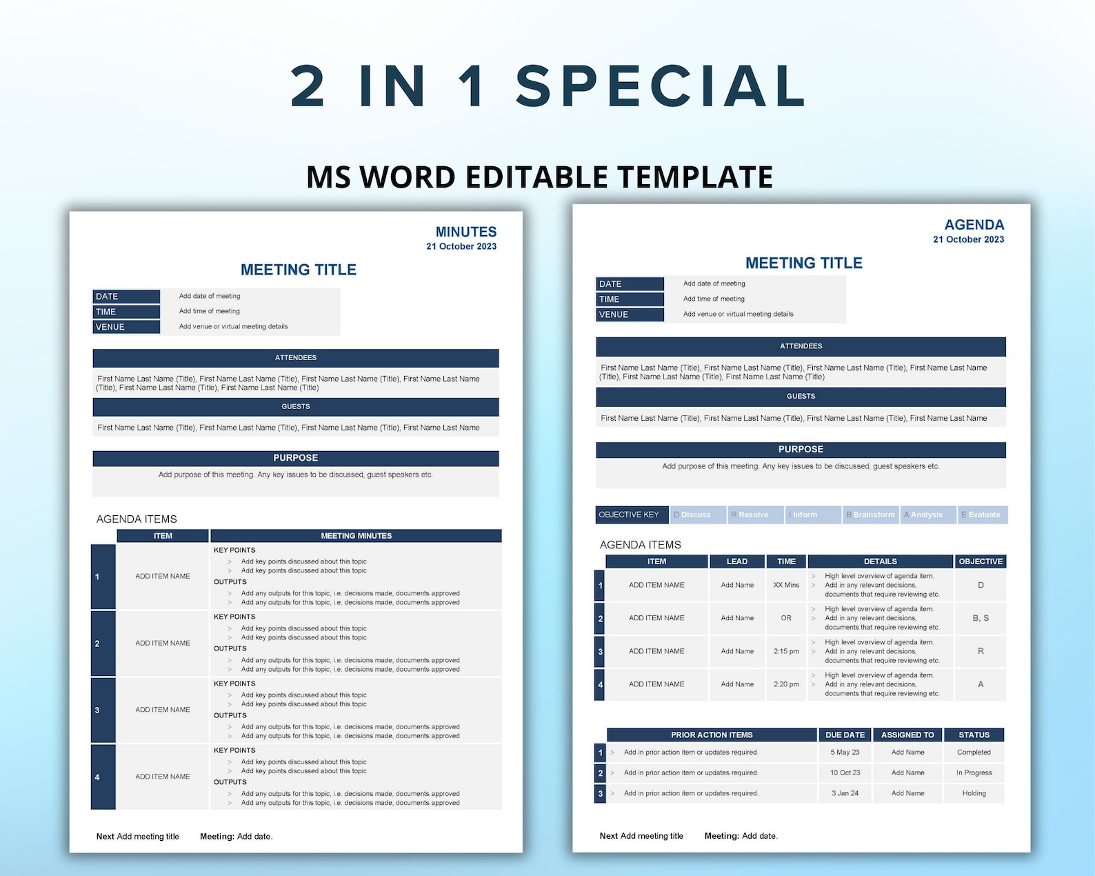 Meeting Minutes and Agenda Template Professional Package | Instant ...