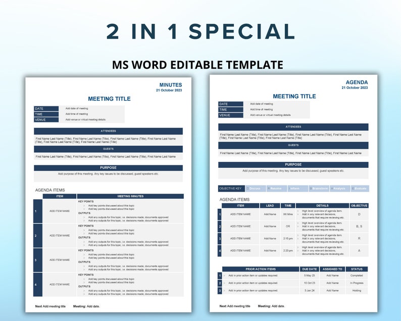 Meeting Minutes and Agenda Template Professional Package | Instant ...