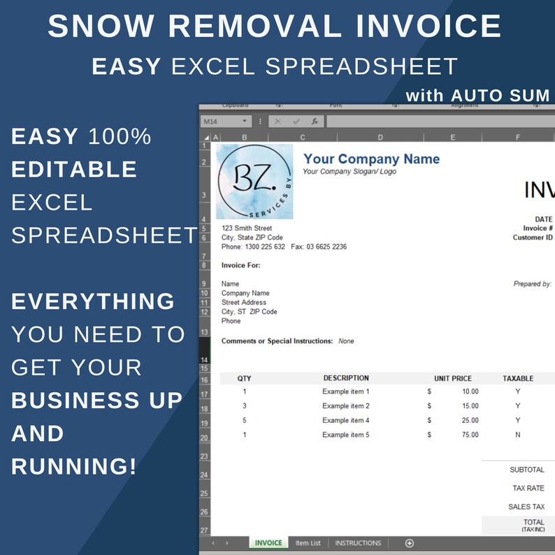 Snow Removal INVOICE Agreement, Snow Plowing Quotation, Contract ...