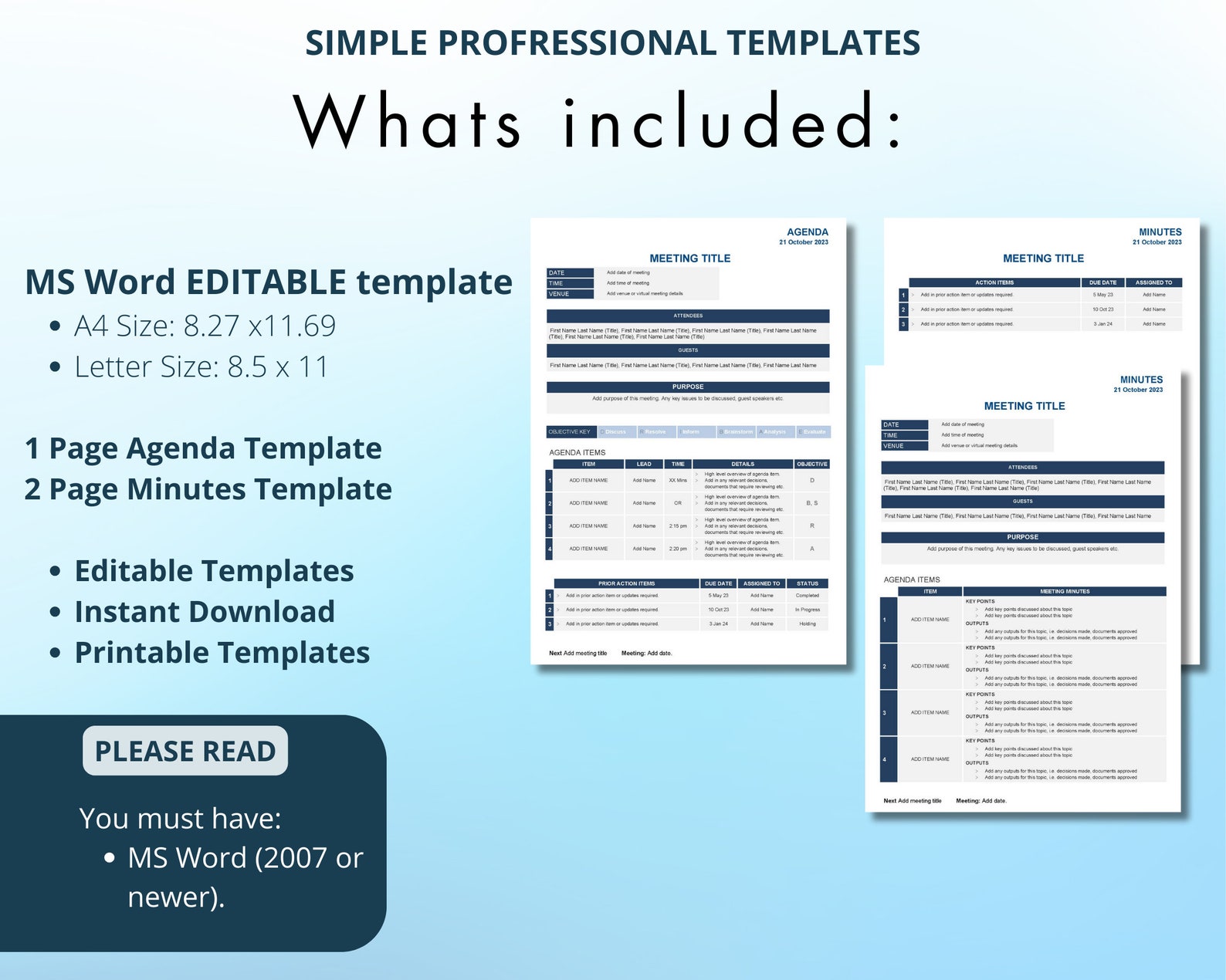 Meeting Minutes and Agenda Template Professional Package | Instant ...