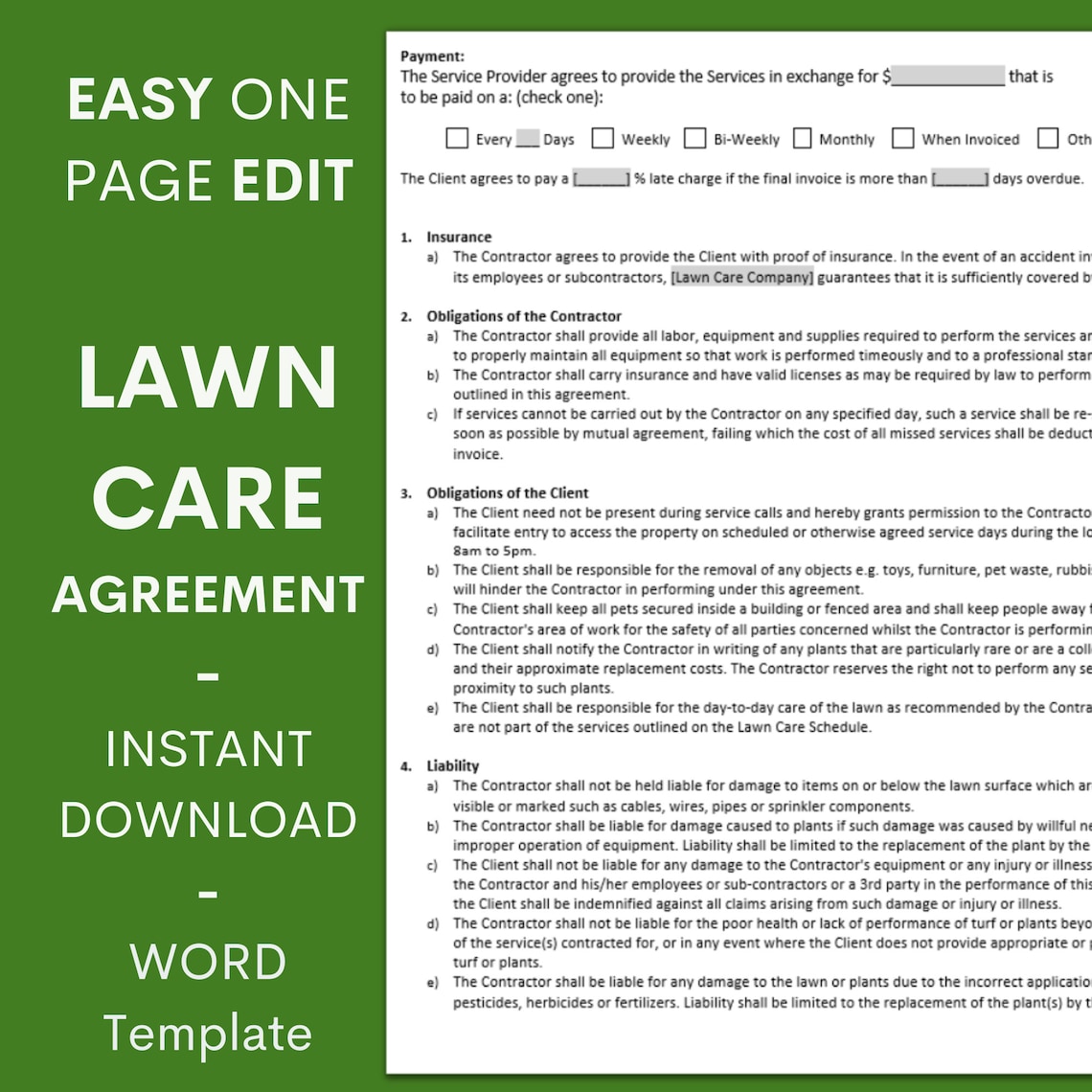 Lawn Care Contract, Lawncare Agreement Template - Word & Google Docs ...