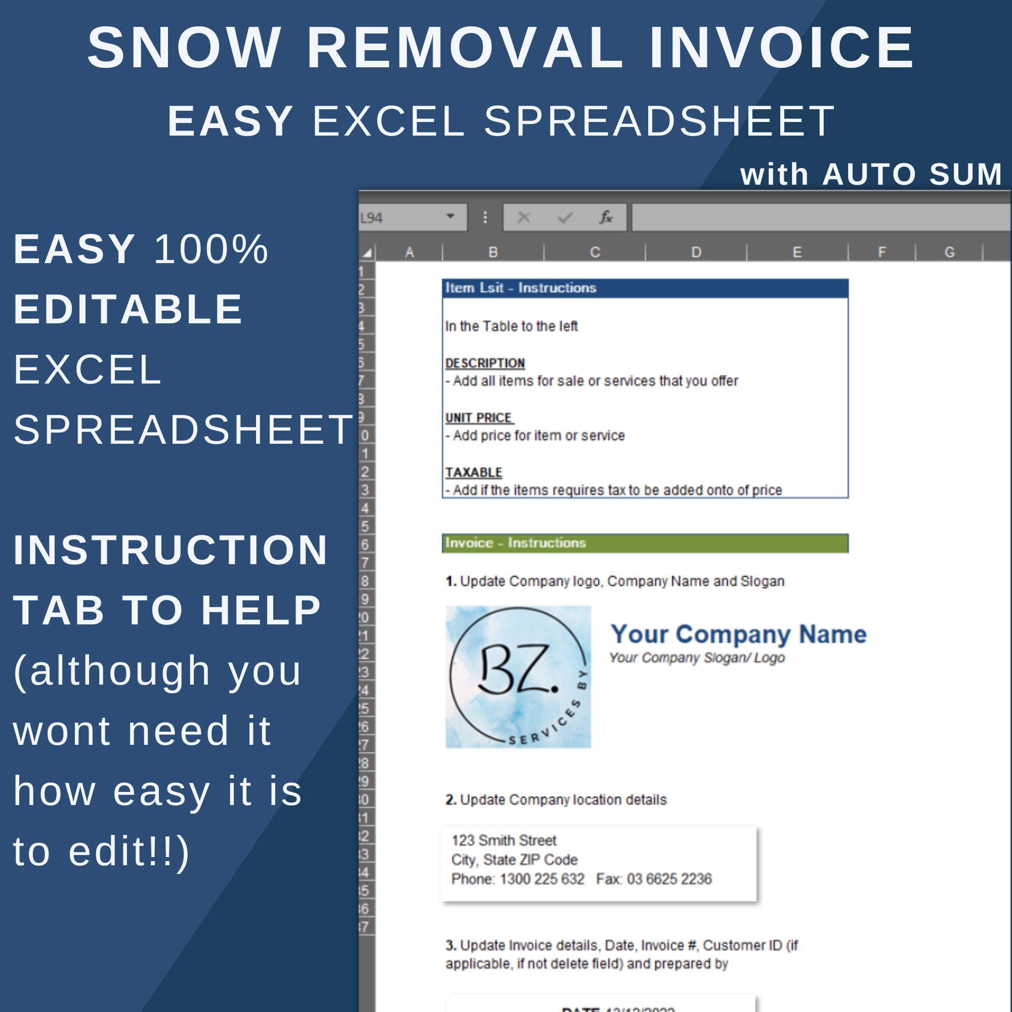 Snow Removal INVOICE Agreement, Snow Plowing Quotation, Contract ...
