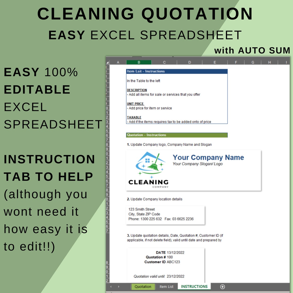 Cleaning Service Quotation Template With Auto Calculation - Editable ...