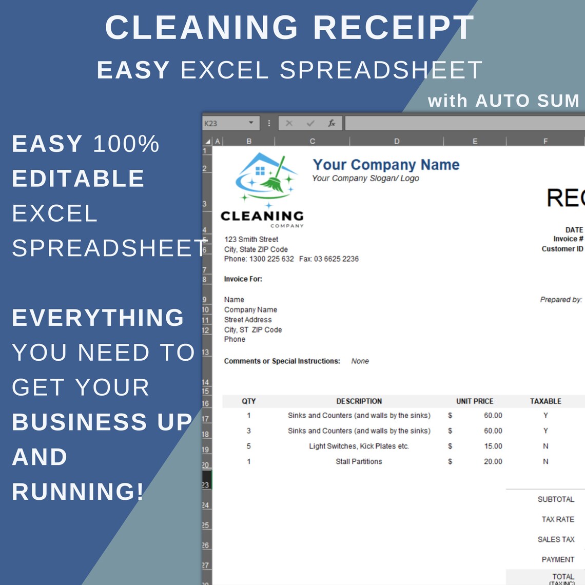 Cleaning Service Receipt Template | Auto Calculation (EXCEL) - Etsy