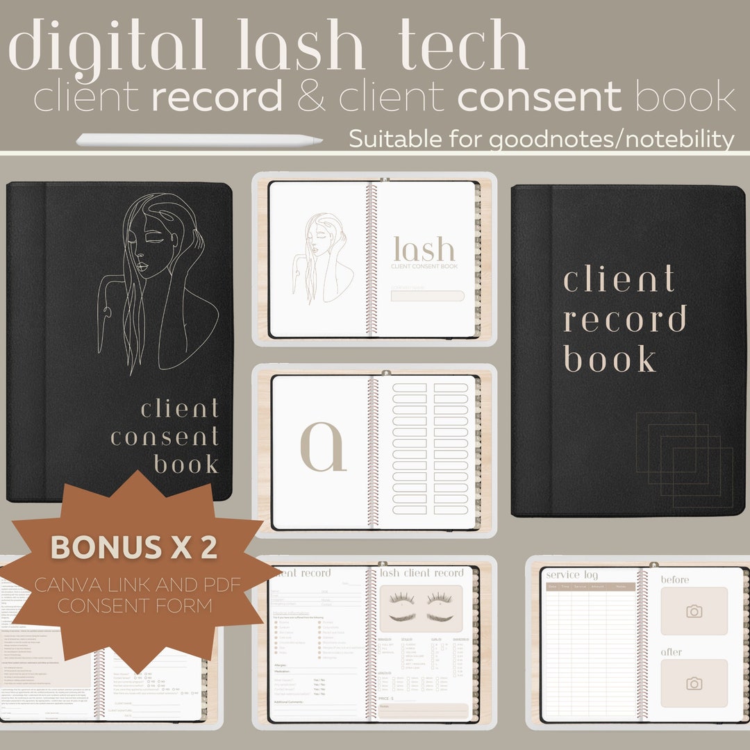 Digital Lash Tech CLIENT & CONSENT Record Book Tan, Client Record Eyelash Extensions, Lash Tech ...