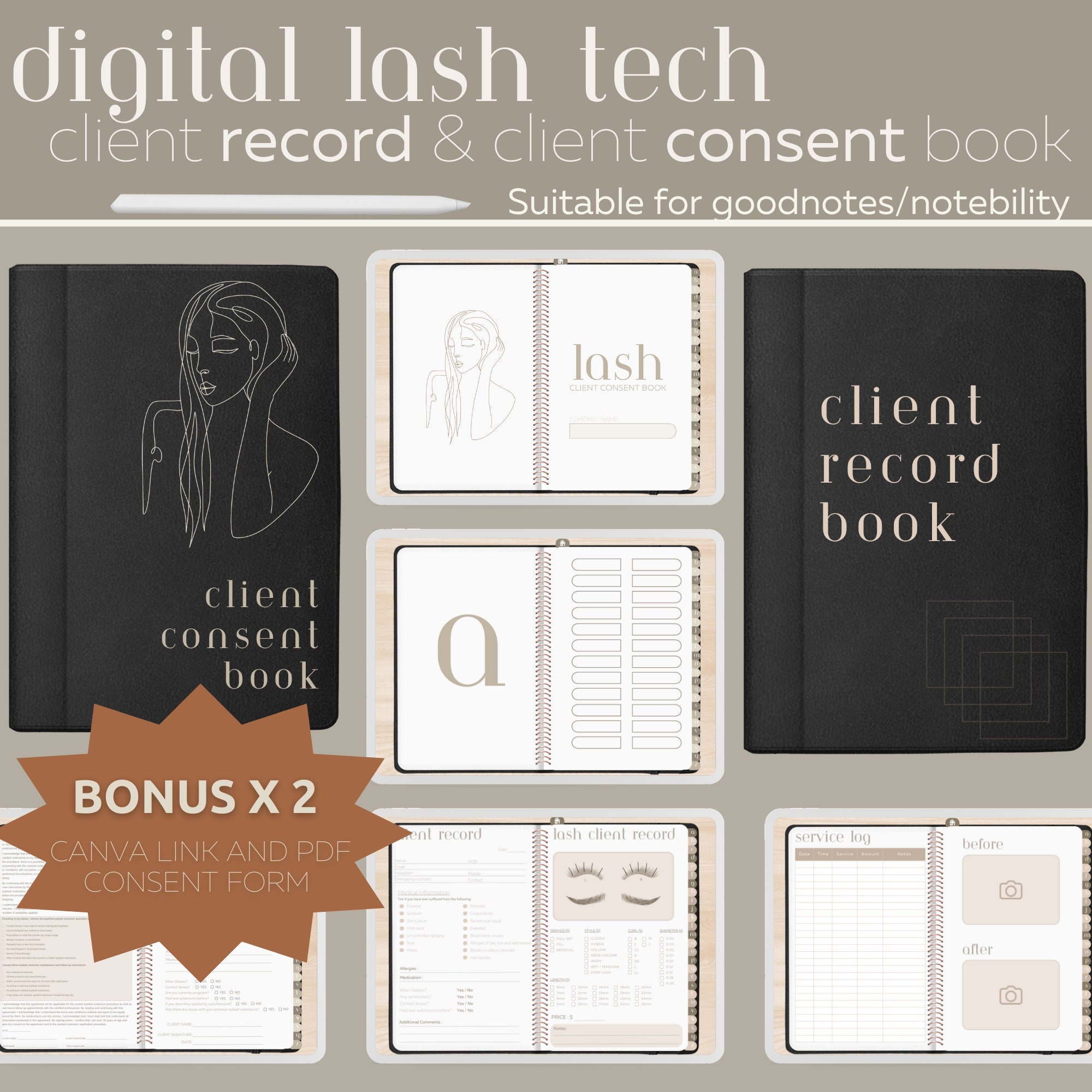 Digital Lash Tech CLIENT & CONSENT Record Book Tan, Client Record ...