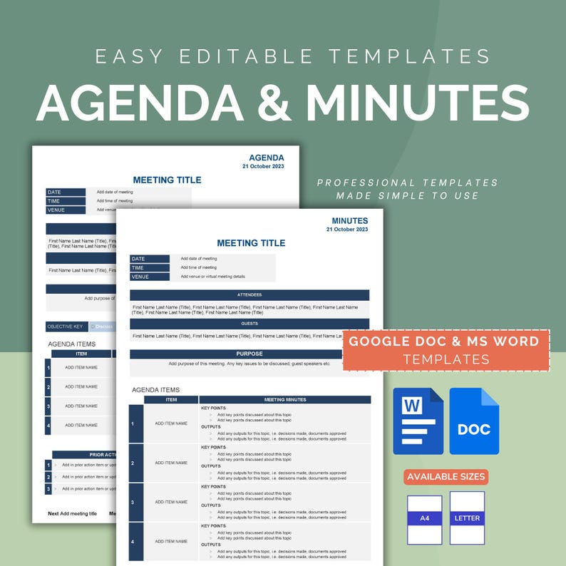 Meeting Agenda and Minutes Template Professional Package | Instant ...