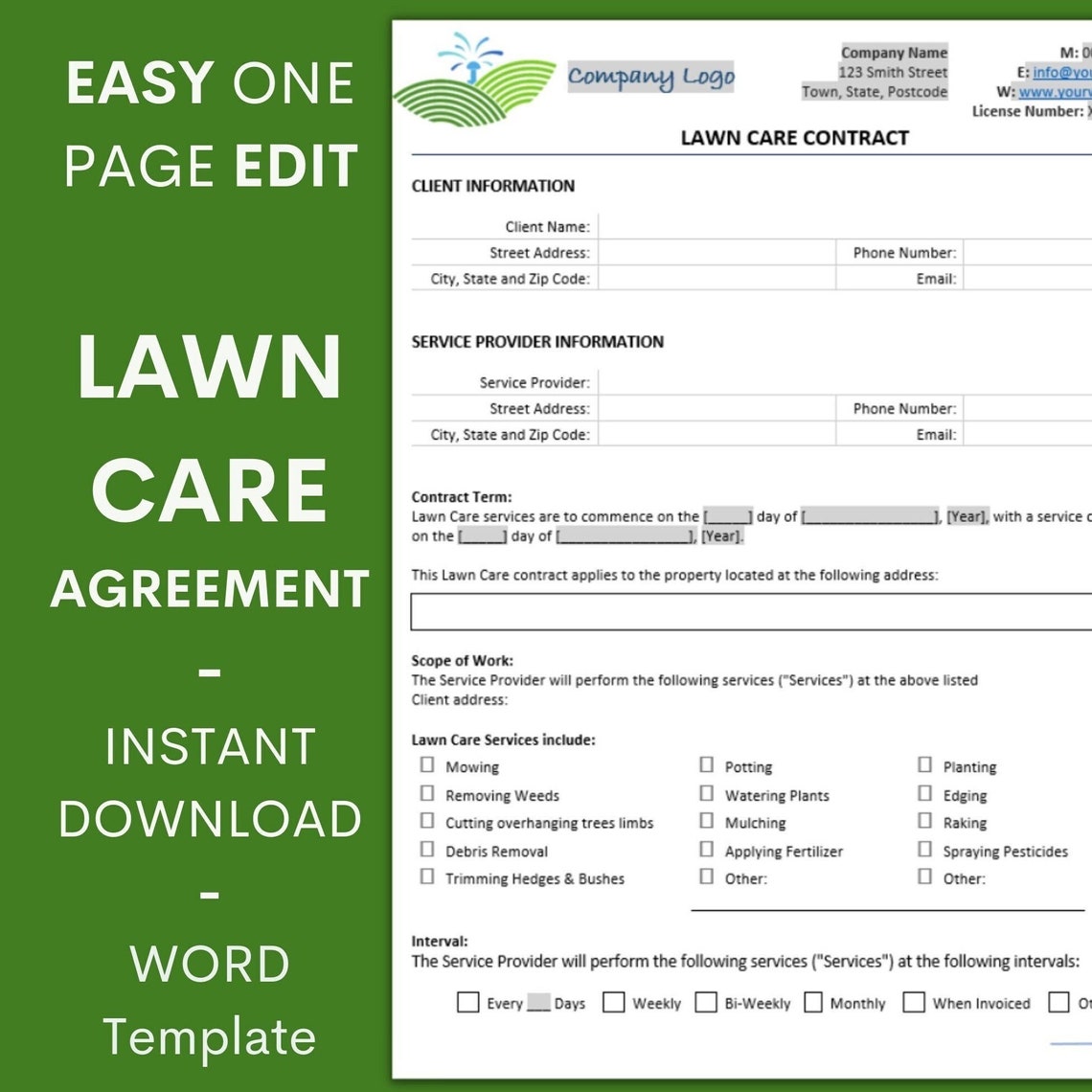 Lawn Care Contract, Lawncare Agreement Template - Word & Google Docs ...