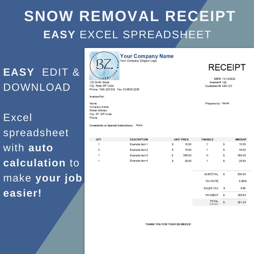 Snow Removal RECEIPT Agreement, Snow Plowing Quotation, Contract ...