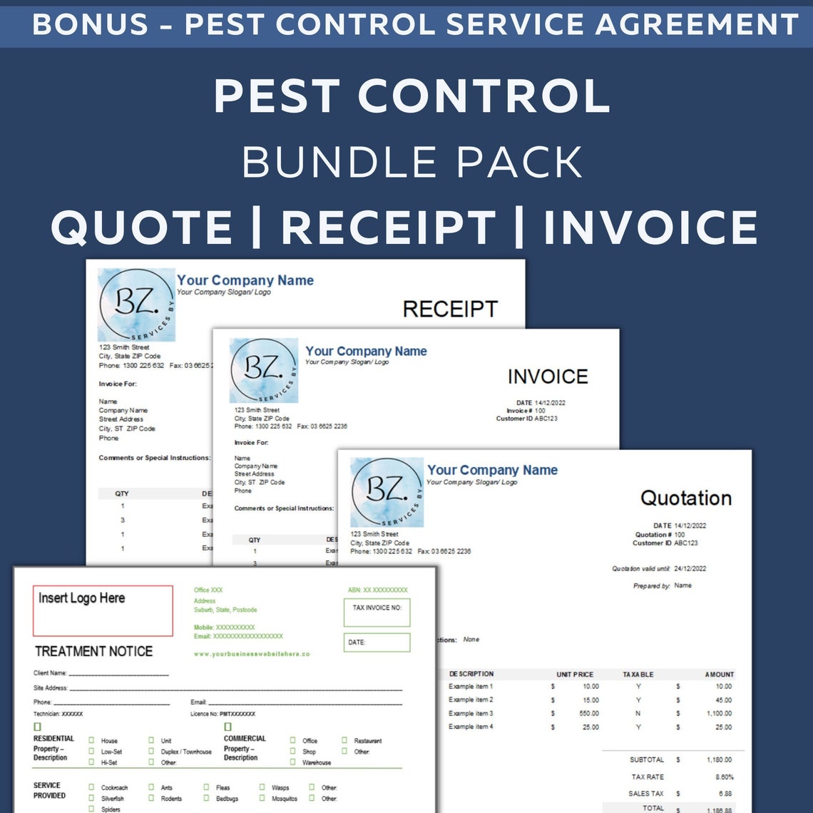 Pest Control Service Agreement, BUNDLE Receipt Template Invoice ...