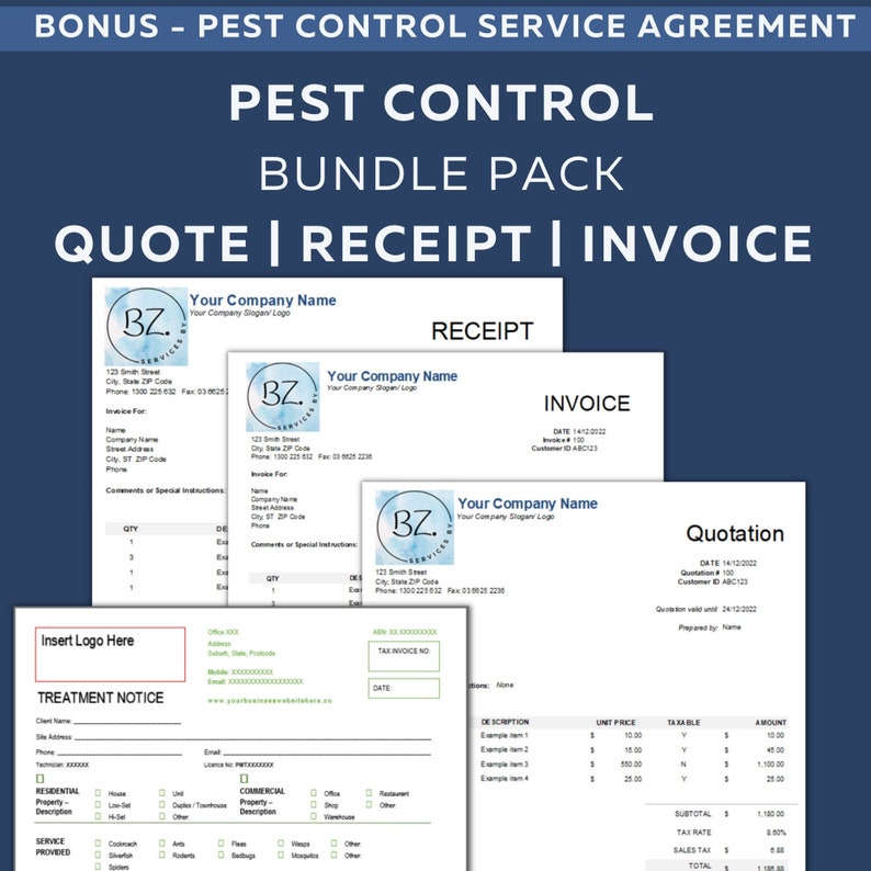 Pest Control Service Agreement, BUNDLE Receipt Template Invoice ...