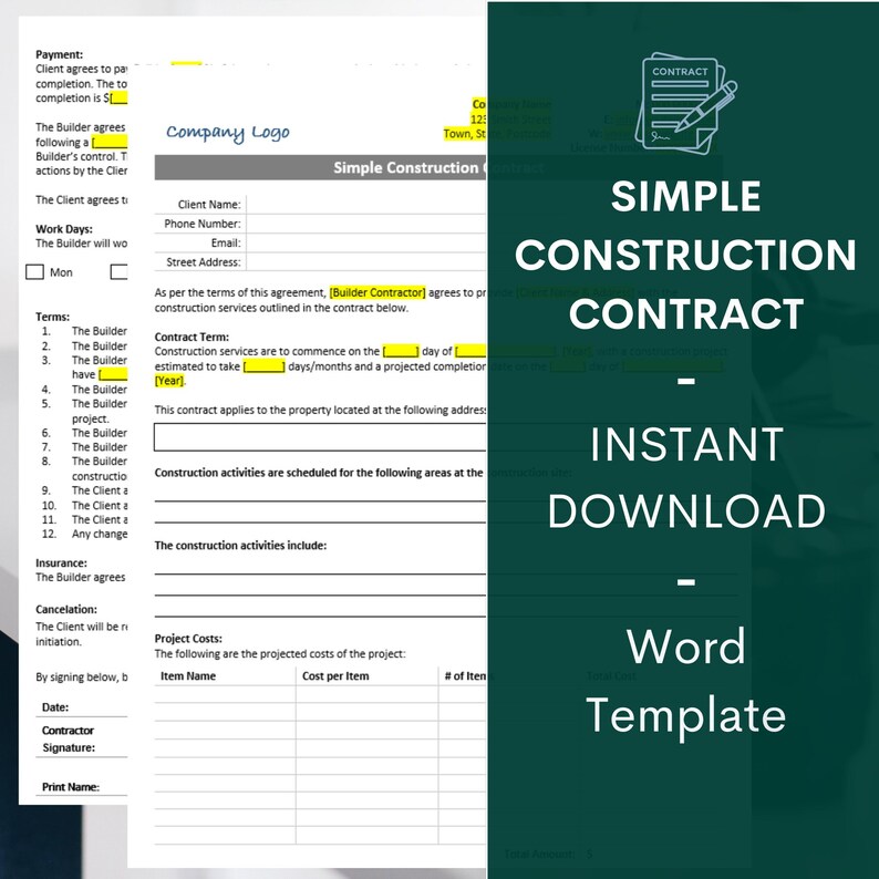 Construction Contract Template | Simple Construction Contract Template ...