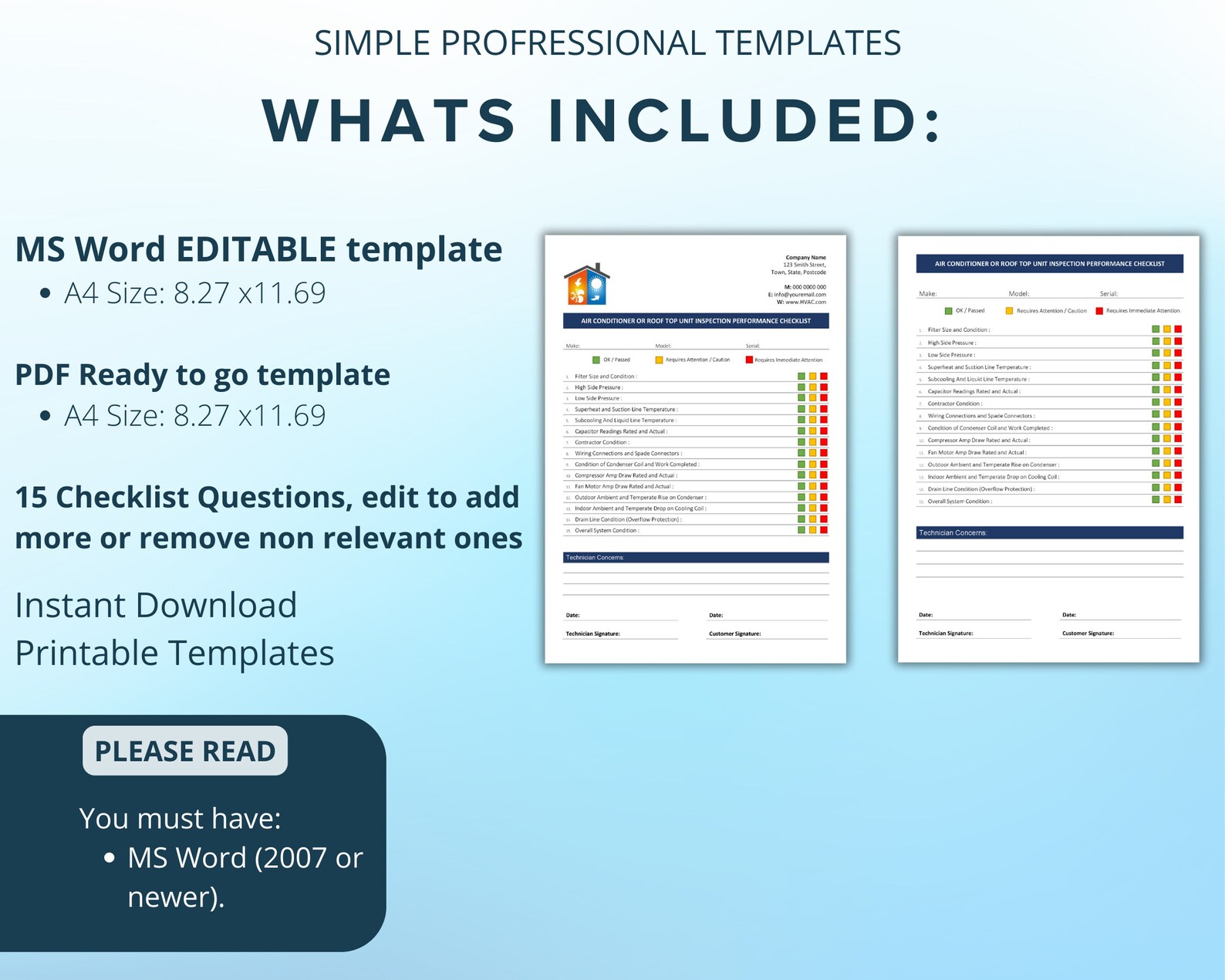 HVAC Inspection Checklist Template Air Conditioning, AC, Heating ...