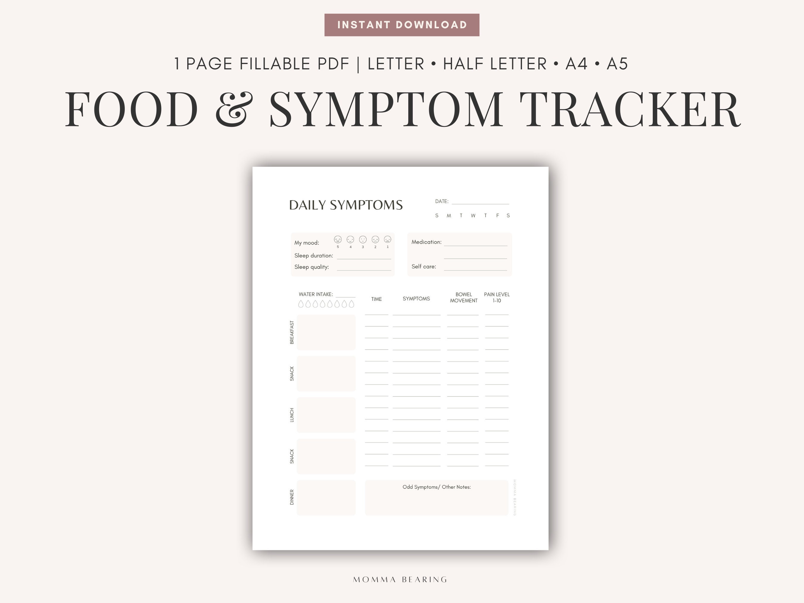 Daily Food and Symptom Tracker, Printable Chronic Pain Journal, IBS ...