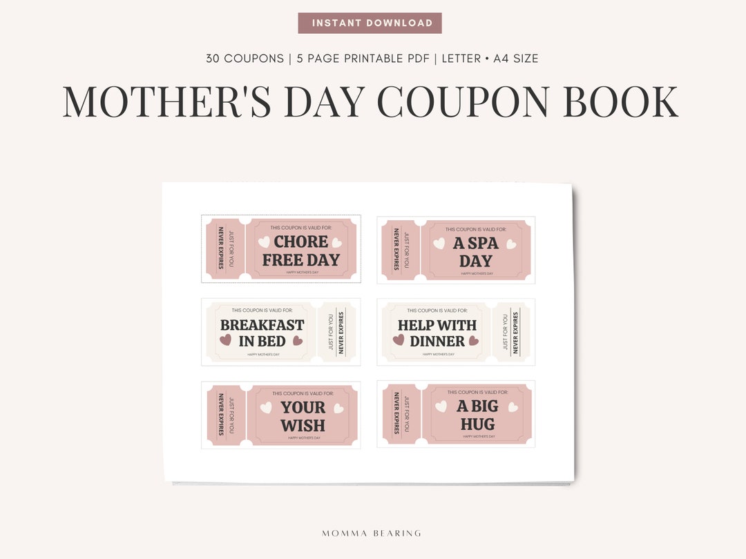 First Mother's Day Printable Coupon Book, Best Gift From Child, Kid ...