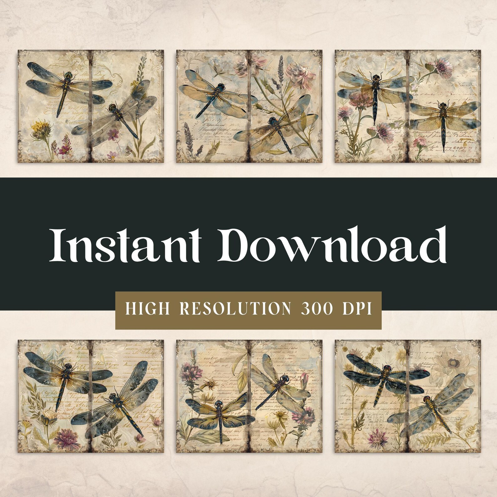 Vintage Dragonfly Digital Paper, Printable Dragonfly Junk Journal ...