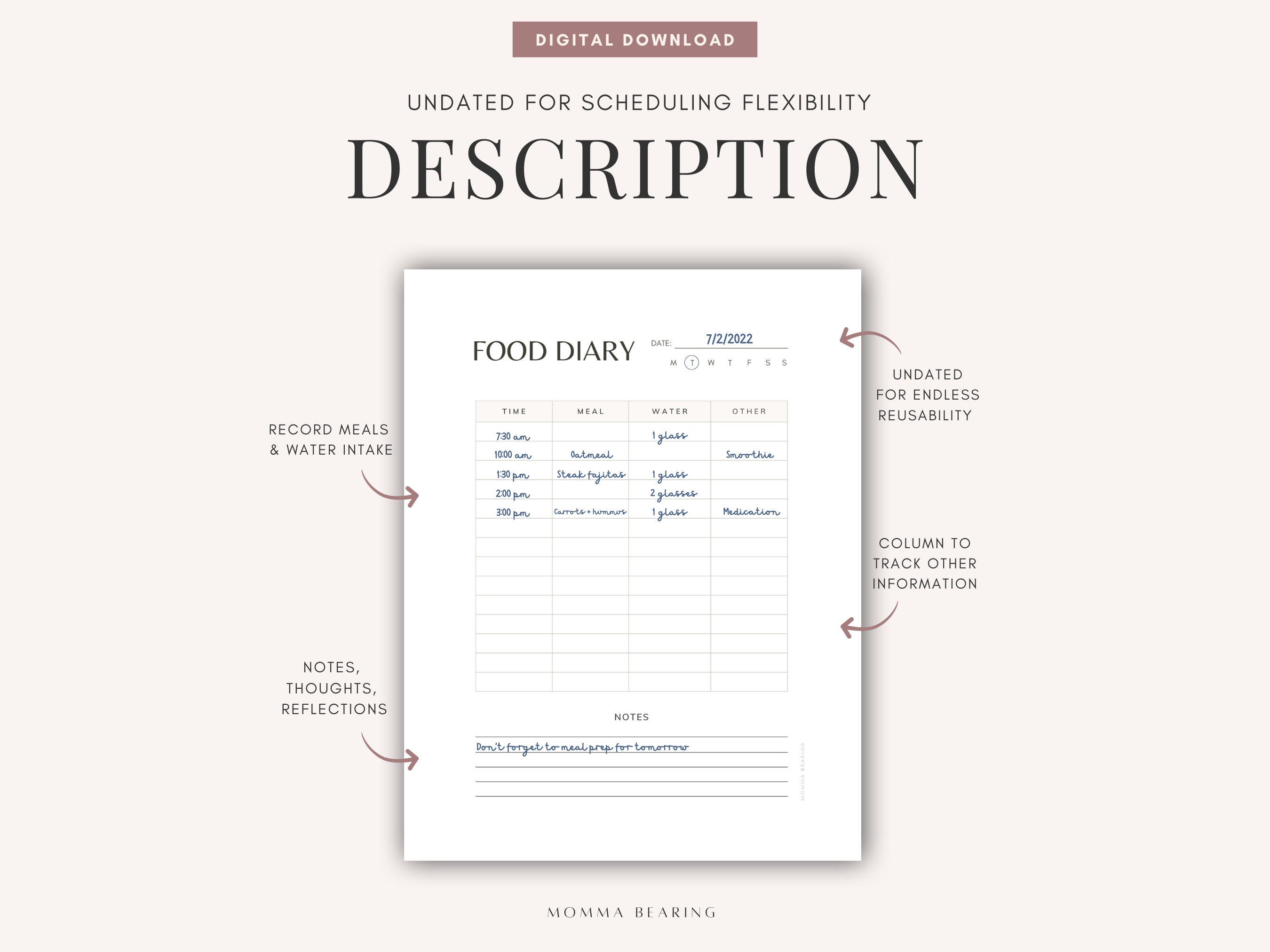 Printable Food Diary, Digital Food Journal, Undated Meal Tracker, Daily ...