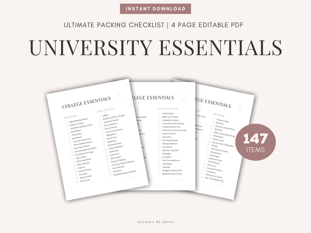 Printable University Essentials Checklist, Dorm Room Packing List PDF ...