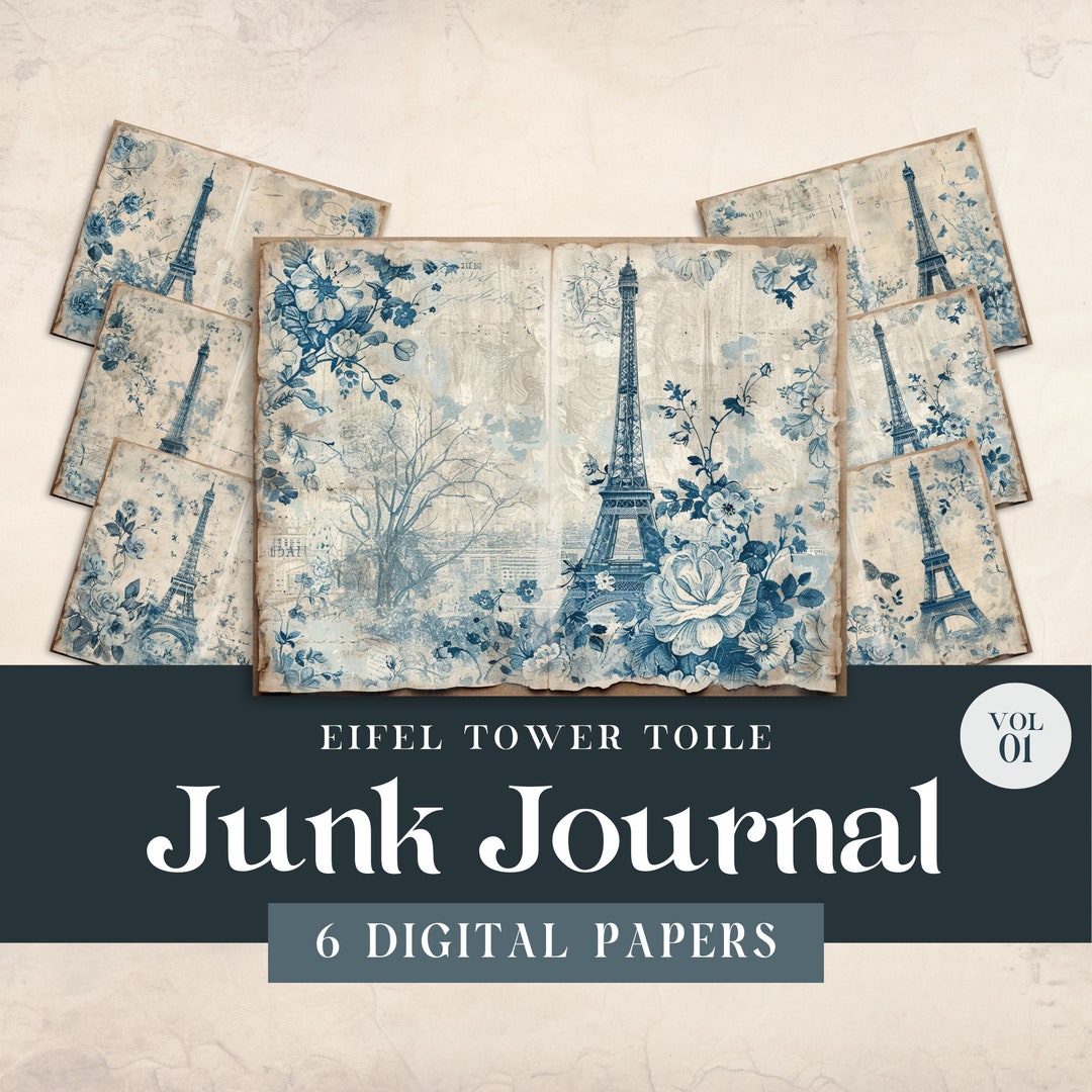 Blue Toile Junk Journal Digital Paper, Printable Floral Paris ...