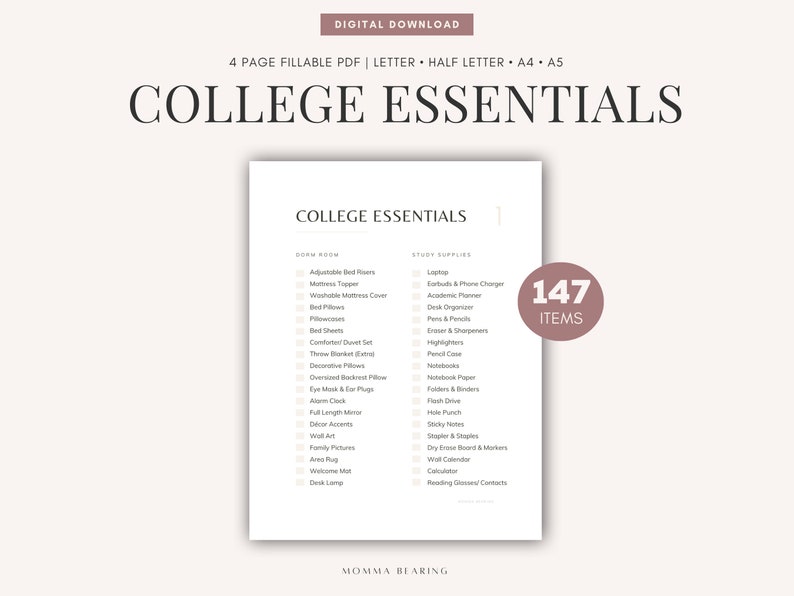 College Essentials Checklist Printable Best Dorm Room Packing - Etsy