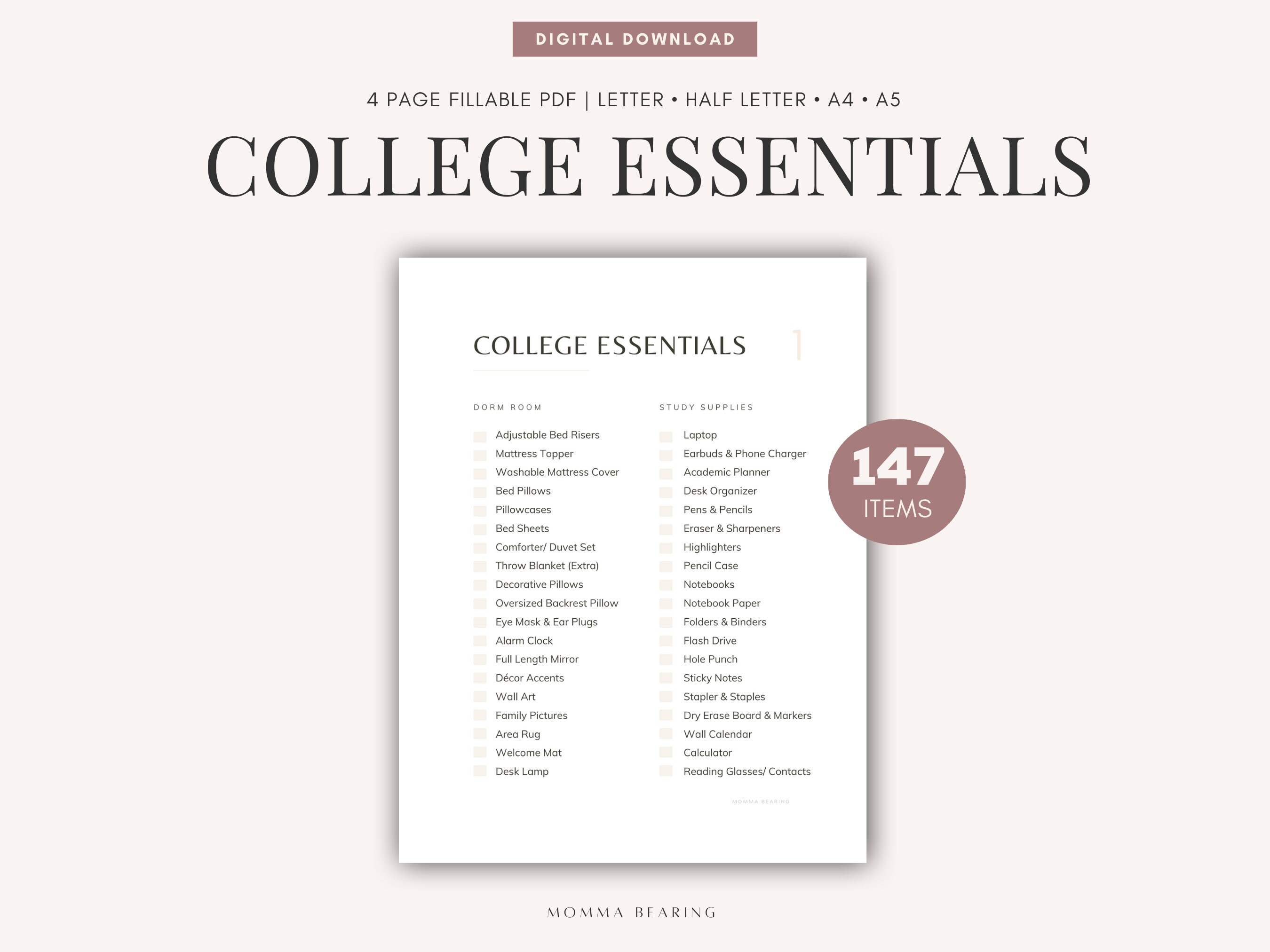 College Essentials Checklist Printable Best Dorm Room Packing - Etsy