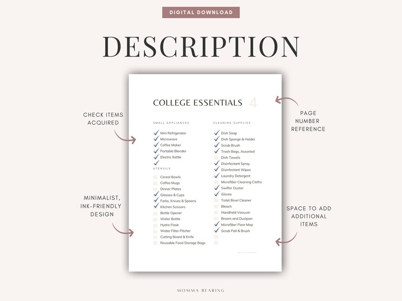Editable College Essentials Checklist, Best Dorm Room Packing List A4 ...
