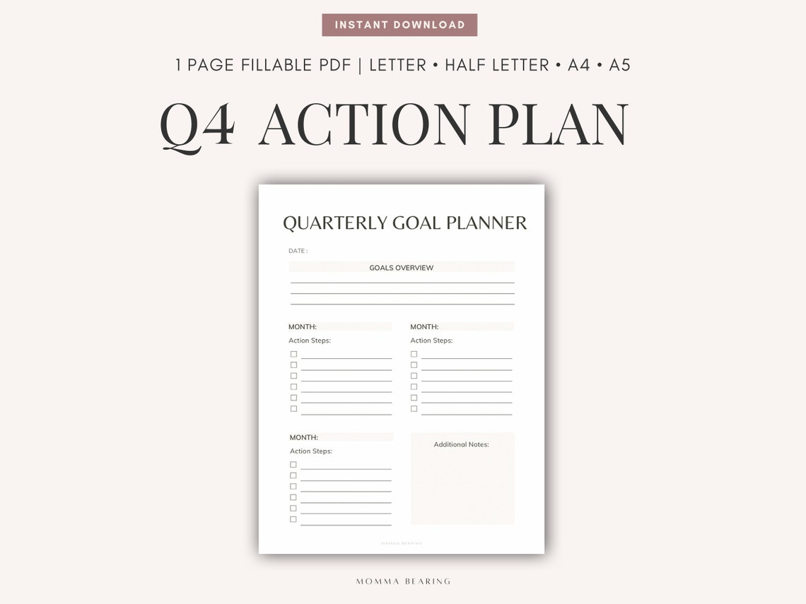 Q4 Action Plan Template, Printable Quarterly Goal Tracker, Business ...