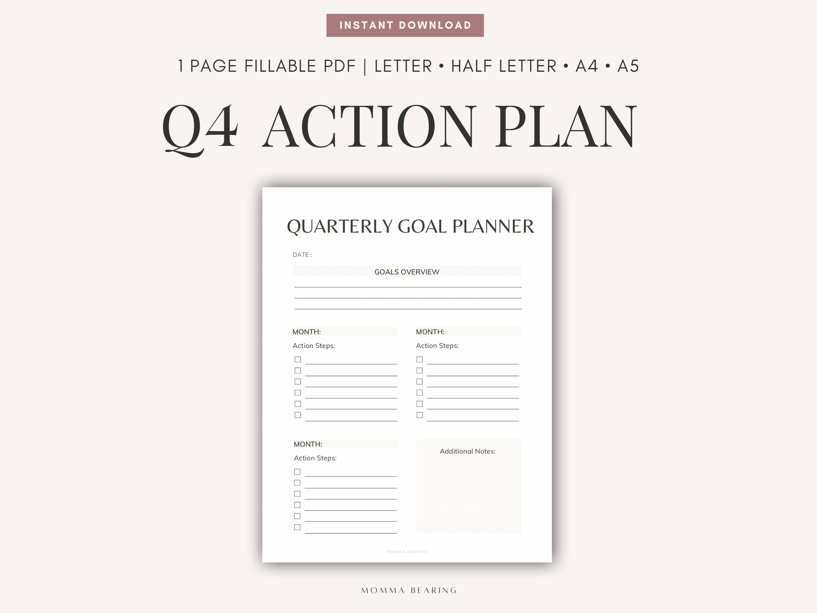 Q4 Action Plan Template, Printable Quarterly Goal Tracker, Business ...