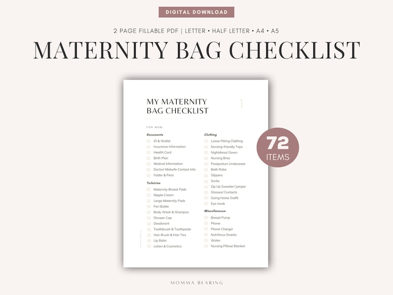 Maternity Bag Checklist Printable, Digital Hospital Bag Packing Guide ...
